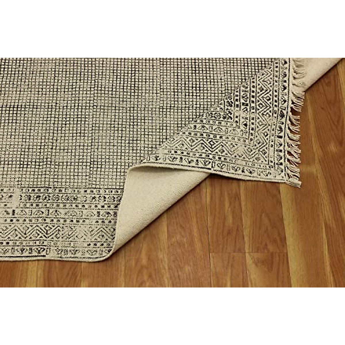 Casavani Indian Handmade Cotton Dhurrie Geometric Gray & Black Floor Carpet For Doormat Best Uses For Bedroom,Living Room,Dining Room,Kitchen,Purch,Balcony 6x8 Feet