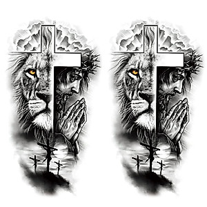 Oottati 2 Sheets Realistic Animal Temporary Tattoos Stickers Forest Lion Jesus Cross Old School Designs For Men Waterproof Arm Leg Fake Body Art, Gym & Parties Bold Masculine Decals