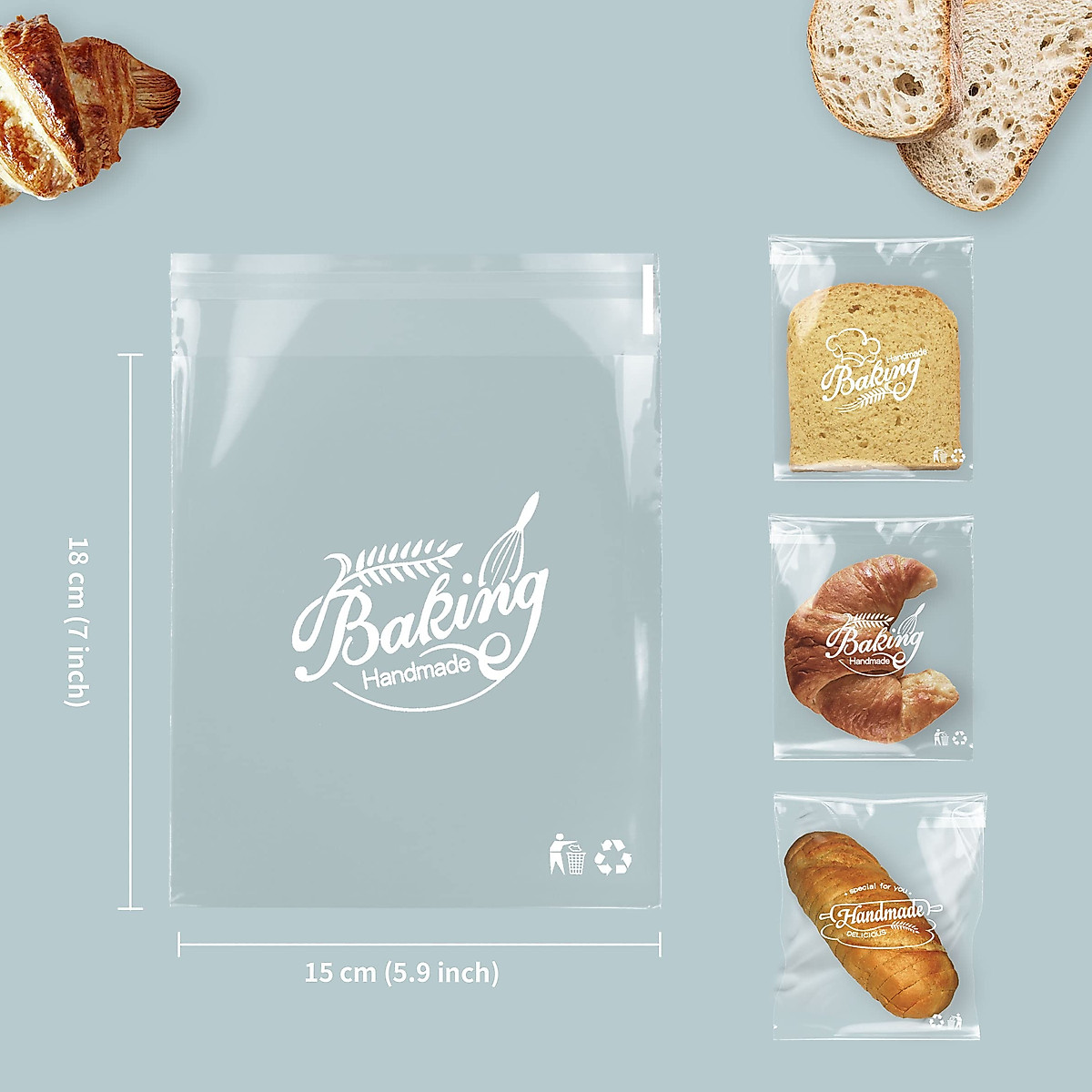 200pcs 6 x 7 Inch Baking Patterns Self Adhesive Packaging Bags, Clear Plastic Bags, Self Sealing Cellophane Bags Thick OPP Resalable Treat Bags for Packaging Bakery, Cookies, Homemade Bread Daily Use