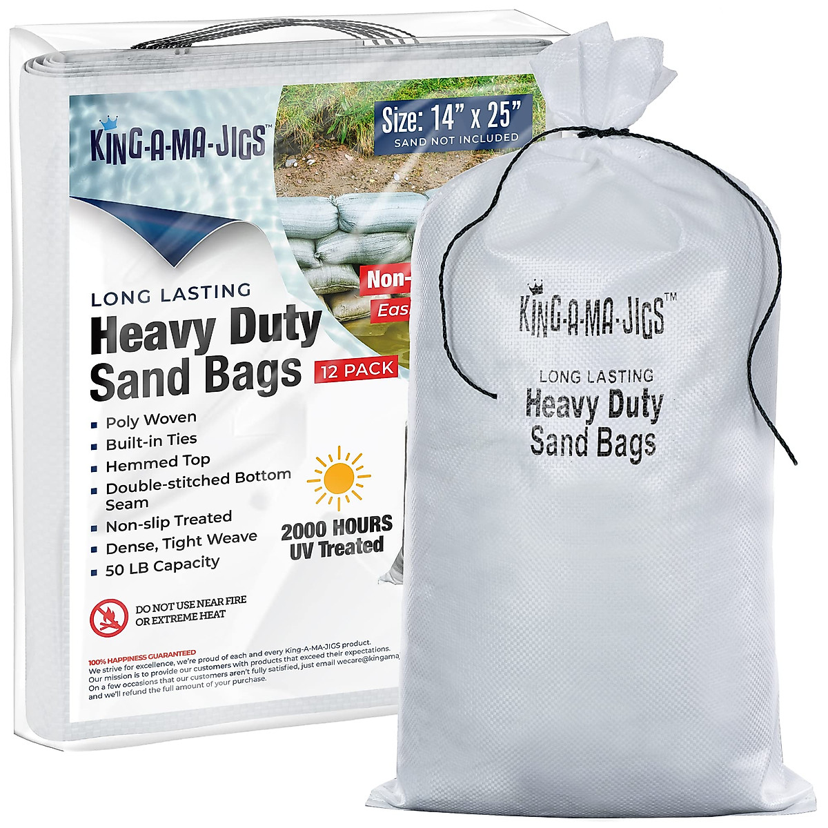 Sand Bags (12 Pack) Empty Sandbags with Ties, Heavy Duty, UV Treated (14" x 25") Non-Slip Empty Bags for Sand - (12 Pack)