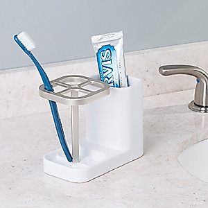 iDesign Sedona Ceramic Toothbrush and Toothpaste Holder for Bathroom Vanity Countertop or Medicine Cabinet -5.75" x 3.10" x 4.49", Satin White/Nickel