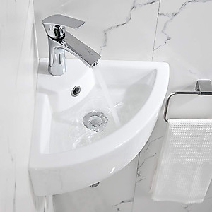 Wall Mount Small Corner Bathroom Sink and Faucet Combo with Overflow Triangle White Porcelain Ceramic Wall Hung Mini Vanity Space Bathroom sink, Faucet and Drain Combo