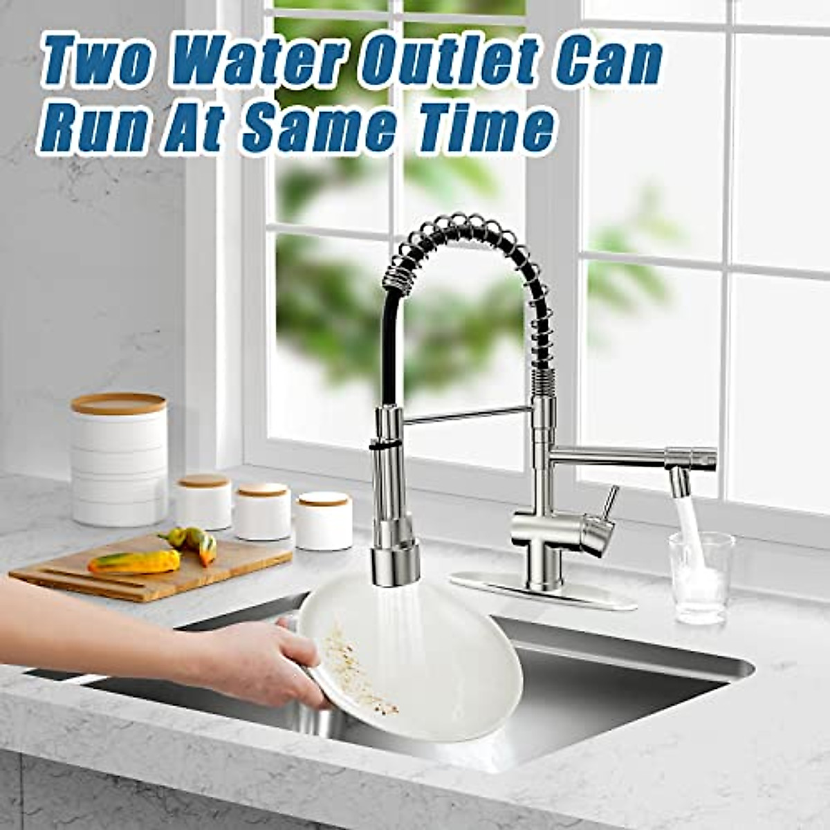 Kitchen Faucet with Pull Down Sprayer, Brushed Nickel Kitchen Faucet, Commercial Faucet for Kitchen Sink, Single Handle Kitchen Sink Faucets Brass Pull Down Kitchen Faucet with Deck Plate