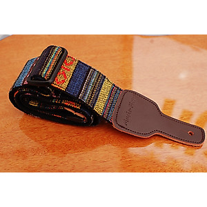 MUSIC FIRST Original Design, 2 inch width (5cm), Classic Country Style Yarn-dyed fabric & Genuine Leather Guitar Strap Electric Guitar strap