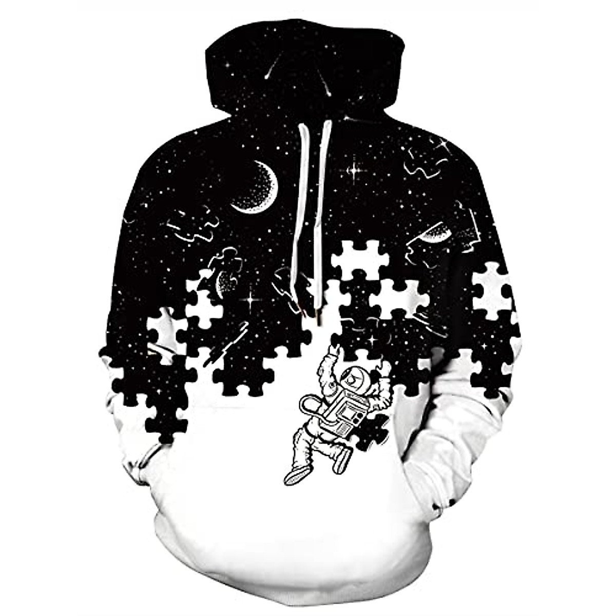 BarbedRose Unisex 3D Digital Print Sweatshirts Hooded Top Galaxy Pattern Pullover Hoodie,Black Astronaut Starry Puzzle,Large-X-Large