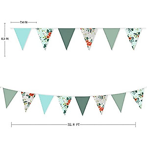 32Ft Dark Green Teal Blue Printed Flowers Flora Pennant Banner Fabric Triangle Flag Bunting Garland for Spring Summer Decor Birthday Party Wedding Home Outdoor Garden Hanging Decoration