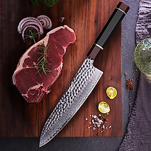 Paul Brown's™ 8 Inch Chef Knife 9Cr18COMOV 67 Layers Damascus Steel Resin Handle Chef Knife with Pine wood Gift box and Leather Sheath