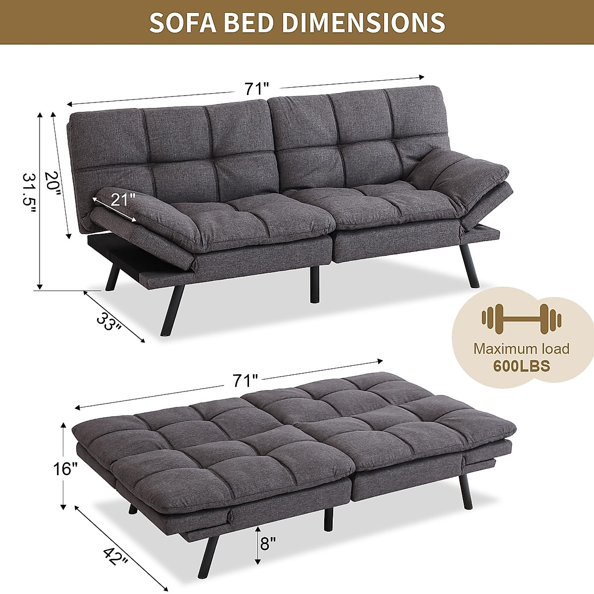 MUUEGM Futon Sofa Bed,71" Convertible Memory Foam Couch Bed for Living Spaces,Office,Apartment,Adjustable Sleeper Sofa,Linen Charcoal Grey