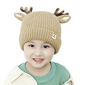 leomoste Baby Beanie Hat Cute Antlers Reindeer Crochet Knitted Hat Winter Warm Cap for Toddler Boys Girls Khaki