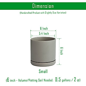 D'vine Dev 6 Inch Ceramic Planter Pot with Drainage Hole and Saucer, Indoor Cylinder Round Flower Pot, Grey, 94-O-C-3