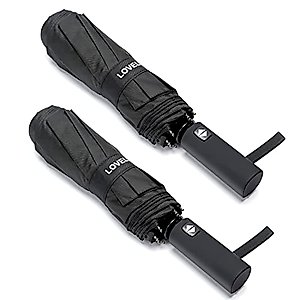 LOVELY RAIN 2 PACKS Travel Umbrella Compact Windproof Automatic Folding Umbrellas (Black + Black)