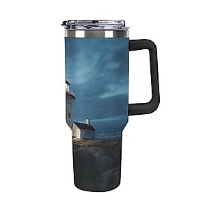 LLUTSNTH 40 Oz Vacuum Tumbler with Black Handle Leakproof Insulated Tumbler Lighthouse at Night Stainless Steel Travel Mug with Lid And Straw Coffee Cup Cute Water Bottles Cup Holder Friendly