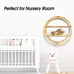 T'Furni Rattan Round and Horizontal Stripes Wall Shelf for Living Room Kitchen Wall Decor - Natural Rattan Floating Shelves - Natural Hanging Book - Wall Shelves with Storage