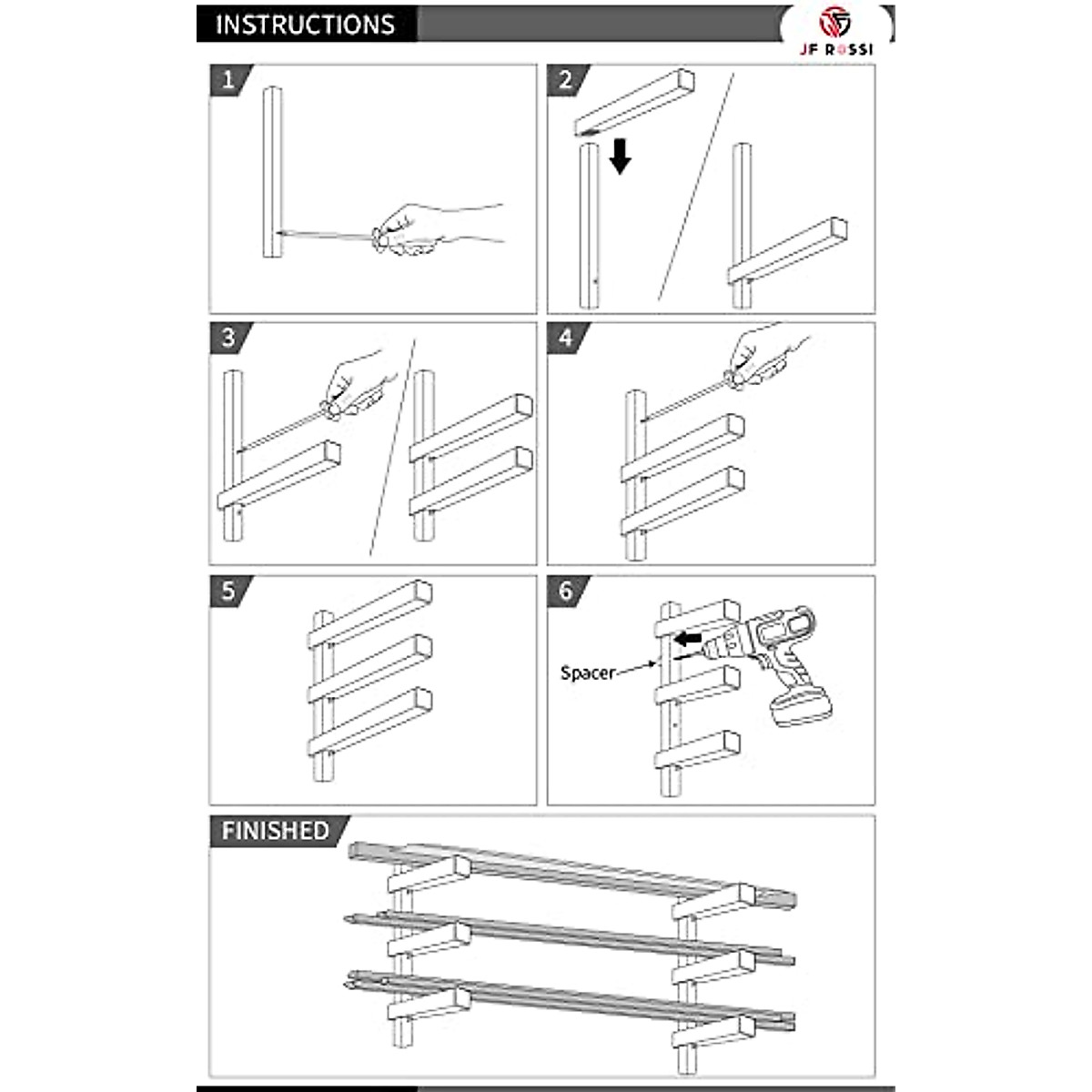 JF ROSSI Wood Storage Organizer Rack - Pack of 4 Heavy Duty - Complete with Work Gloves and Measuring Tape 3 Level Wall Mounted Metal Lumber Shelf