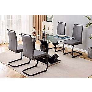 LFVFFA 63 inch Modern Glass Dining Table for 4-6, Rectangle Glass Kitchen Table, 0.39" Tempered Glass Top Dining Table，Large Pedestal Table (1 Table+4 Gray Chair, 63 Inch)