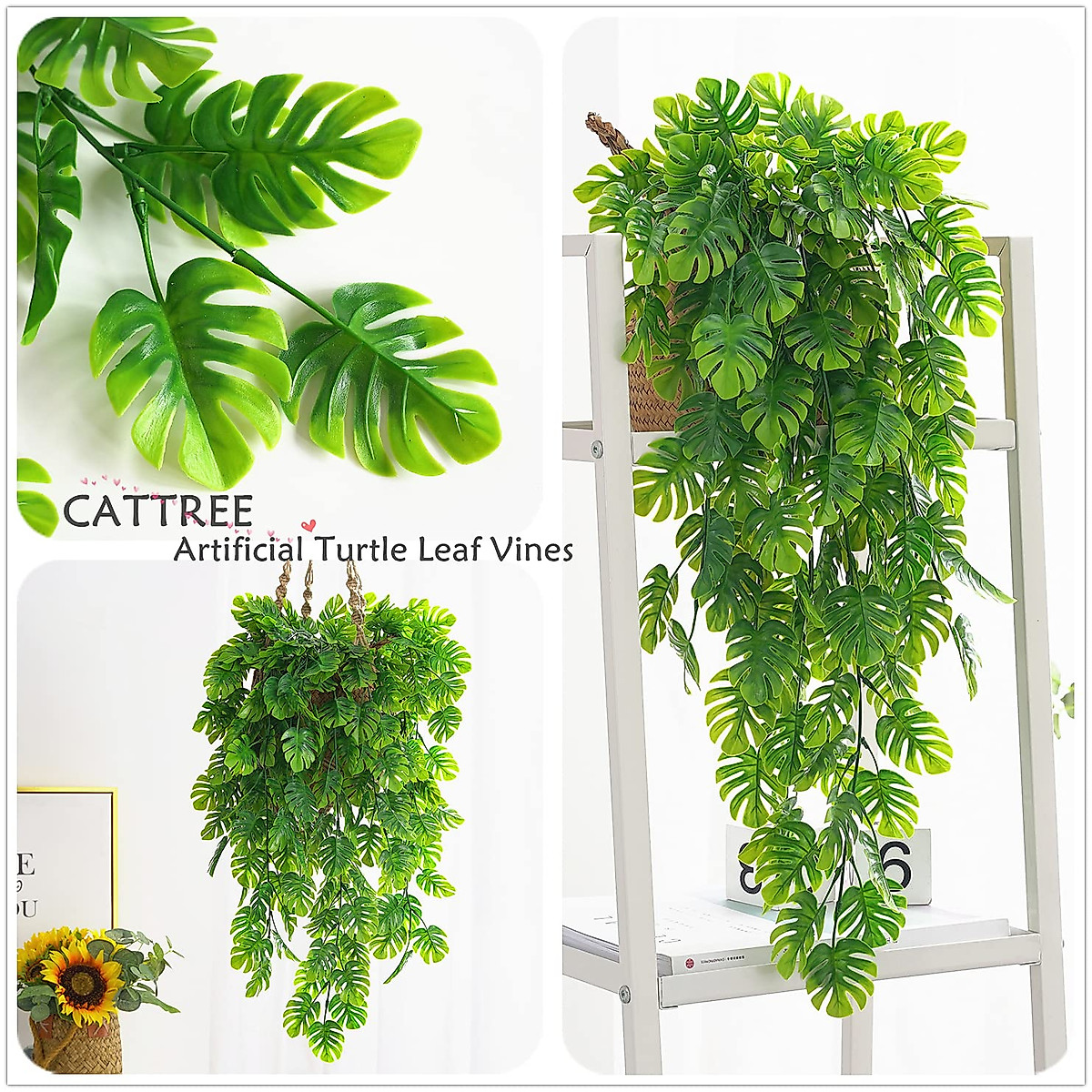 CATTREE Artificial Monstera Vines 2 Pack, Fake Ivy Tropical Leaf Jungle Leaves Plant Vine Greenery Artificial Hanging Plants for Home Kitchen Garden Office Wedding Wall Decoration