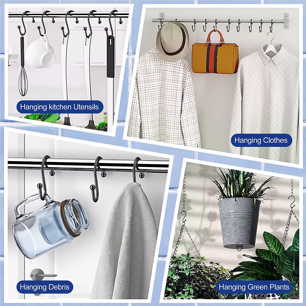 24 pcs Black Shower Curtain Hooks,Shower Curtain Rings, S Shower Hooks for Bathroom Curtains,Clothing, Towels, etc