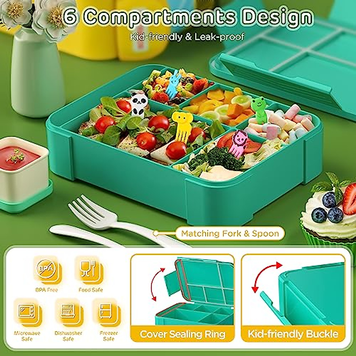 TIME4DEALS Lunch Box for Kid Boy Girl, 6 Compartments Lunch Container with Tableware Lunch Bag Set, 1330ML Ideal Portion Sizes Bento Box, Reusable Meal and Snack Packing Leakproof (Yellow School Bus)