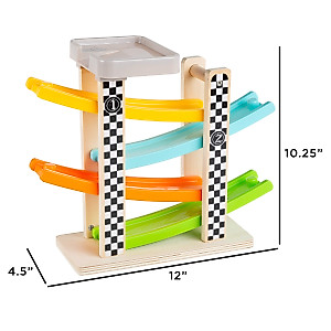 Hey! Play! Toy Race Track and Racecar Set- Wooden Car Racer with 4 Colorful Cars with Moving Wheels, Ramps- Fun Cars Set for Boys and Girls , Brown