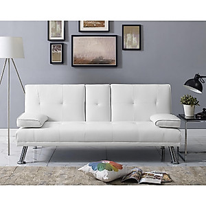 Naomi Home Transform Your Living Space with Comfort White Futon Sofa Bed with Armrest, Cupholders, & Reclining Function, Ideal for Cozy Living Rooms! Sofa Bed Couch with Metal Legs, Faux Leather