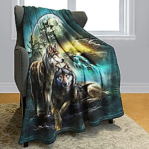 HommomH 40"x50" Blanket Soft Fluffy Fleece Throw for Sofa Bed Moon Wolf Green