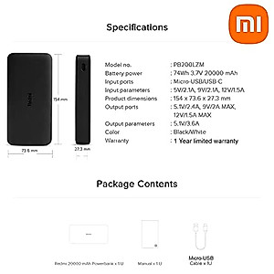 Xiaomi Mi 20000mAh Redmi Power Bank 74Wh 3.6A w/ 2 USB-A Port Rapid Charge Two Devices at Once, Dual Micro-USB/USB-C Input Port, Portable Charger for iPhone iPad Galaxy Smartphones