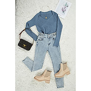 Women V Neck Sexy Crop Sweater Pullover Long Sleeve Ribbed Knit Fitted Slim Casual Tops Blue