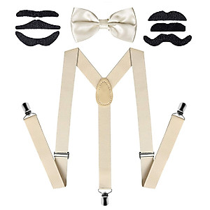 sinoeem 1920s Mens Gatsby Gangster Costume Accessories Set with Pocket Watch,Hard Felt Panama Hat, Y-Back Suspenders & Pre Tied Bow Tie,Toy Cigar & Fake Mustache, Beige-01, 15