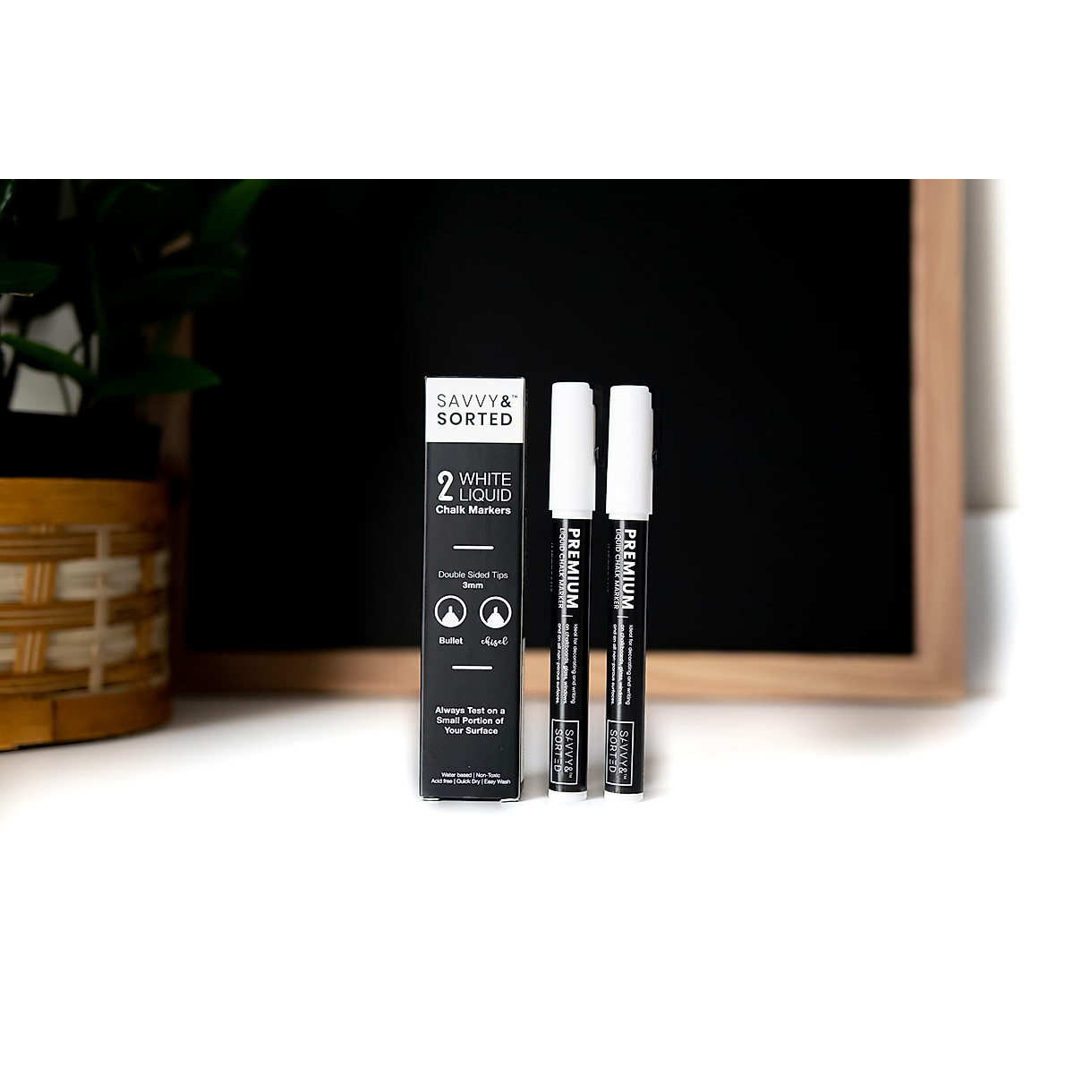 Erasable Liquid Chalk Markers White 2PK - Fine Tip Chalk Marker for Chalkboard - Bright Ink & Easy to Erase - 3mm Reversible Tip for Bullet or Chisel Point - White Bistro Chalk Markers for Blackboard