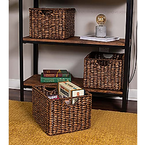 BIRDROCK HOME Storage Shelf Baskets with Handles - Set of 3 - Abaca Seagrass Wicker Basket - Pantry Bathroom Shelves Organization - Natural Under Shelf Basket - Handwoven (Brown Wash)