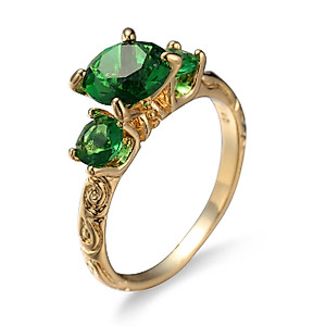 Hsitgexf Green Simulated Emerald 18K Yellow Gold Plated Silver Women Ring ,Fashion Round-cut Cubic Zirconia Three-stone Engagement Ring (US size 10)