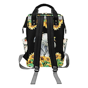Sunflowers Black Elephant Personalized Diaper Backpack with Name,Custom Travel DayPack for Nappy Mommy Nursing Baby Bag One Size