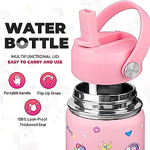 Charcy 12 oz Insulated Water Bottle for Kids, Portable Sports Water Cup Flask with Handle, Travel Thermos Mug, Pink adjustable lid - Pink Unicorn