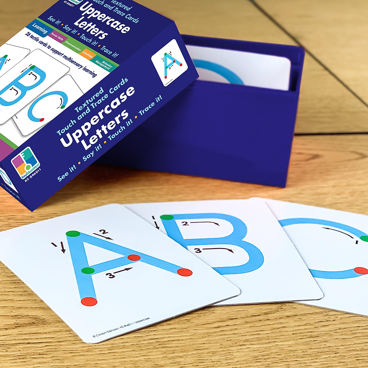 Key Education Uppercase Letters: Textured Touch and Trace Cards—Color-Coded Alphabet Cards with Tracing Points and Directional Arrows, Alphabet Learning and Letter Recognition Skills (26 pc)