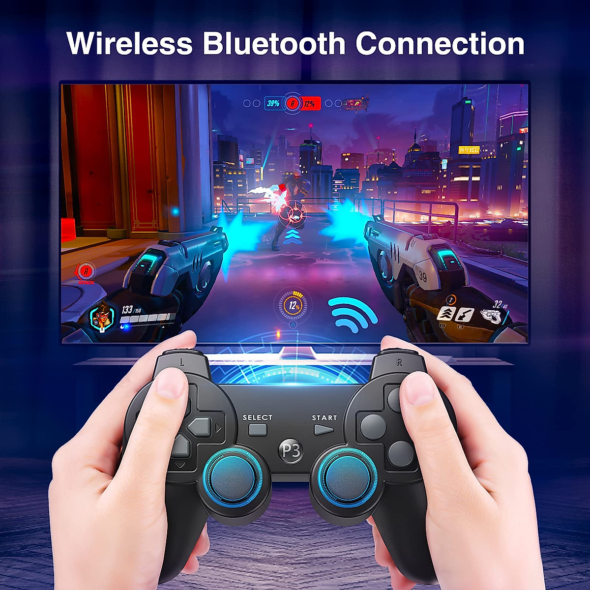 Powerextra Wireless Controller for PS3, 2 Pack High Performance Gaming Controller with Upgraded Joystick Double Shock for Play-Station 3 (Black and Blue)