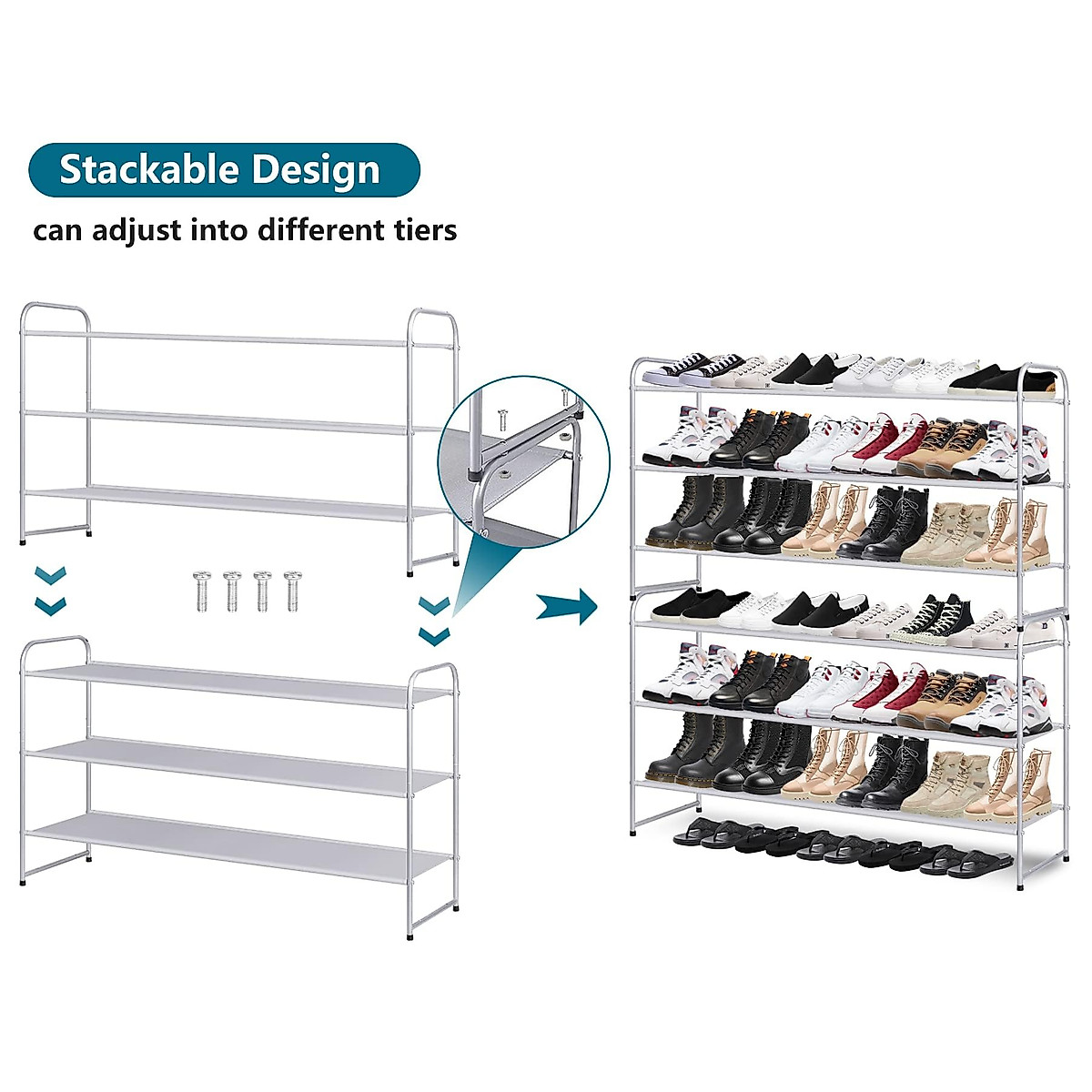AOODA 3 Tier Long Shoe Rack for Closet Floor Wide Stackable Sneaker Shelf 24-Pairs Fabric Shoe Storage Organizer for Bedroom (Gray)