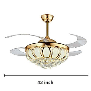 N/B 42 Inch Modern Gold Crystal Chandelier Fan with Retractable Blades Ceiling Fan with Light LED and Remote Control Indoor Fan Suitable for Dining Room Bedroom