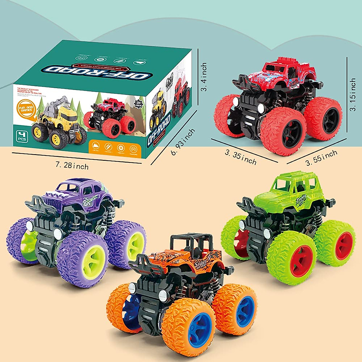 Chdutoys Monster Trucks For Boys 3 years Toys Cross Country Inertia Toy Car Monster Trucks Stunt Toy Car Push Toy Car for 3 4 5 Year Old Boys Children Toy Boy Toy 4pcs Toy Car Mini Monster Trucks