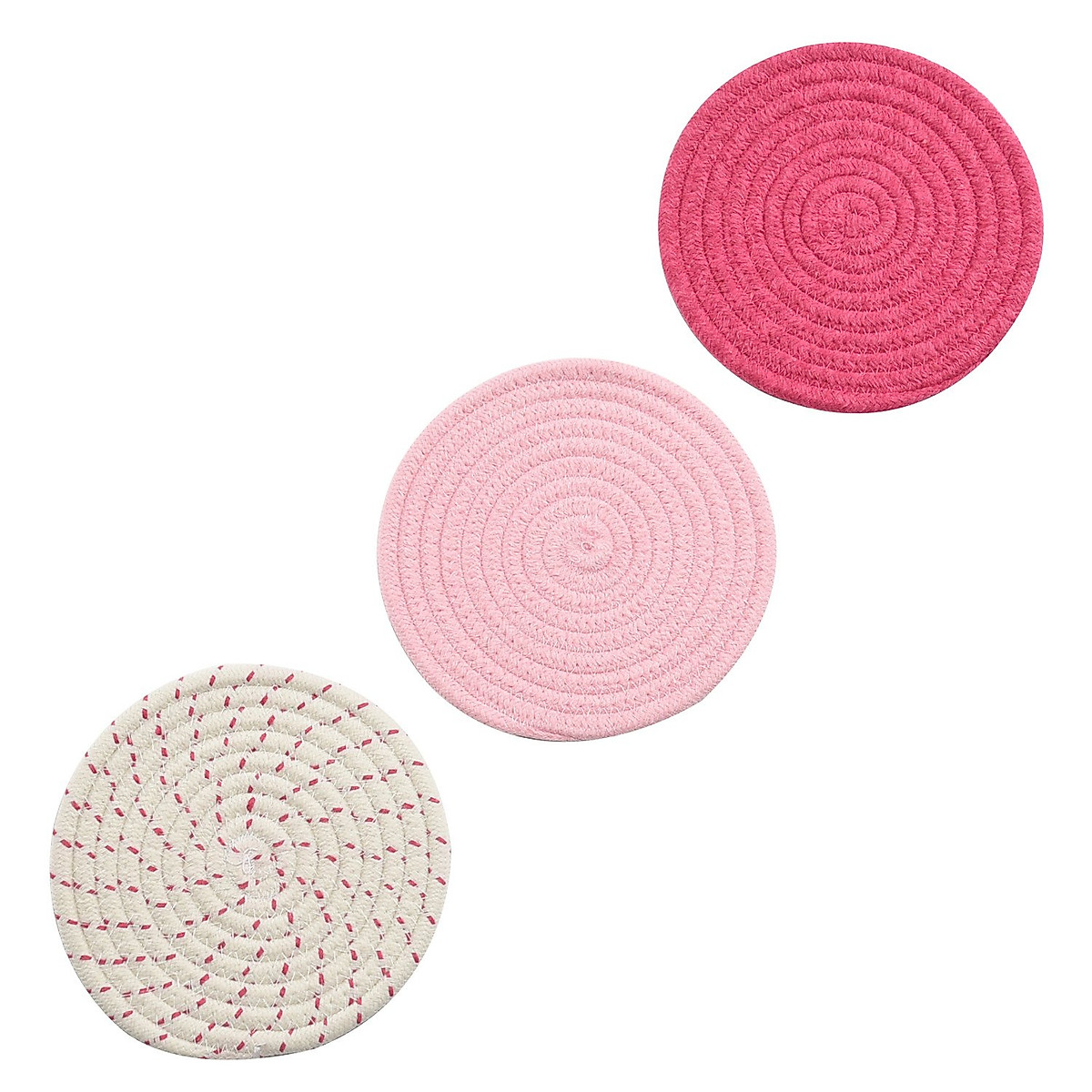Kitchen Potholders Set Trivets Set 100% Pure Cotton Thread Weave Hot Pot Holders Set (Set of 3) Stylish Coasters, Hot Pads, Hot Mats, Spoon Rest For Cooking and Baking by Diameter 7 Inches (Pink)