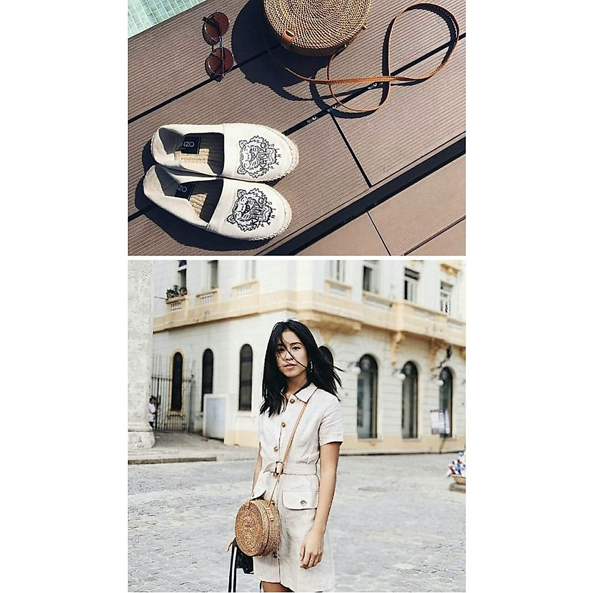 Daisy Lucky W Hand-woven round rattan bag PU leather shoulder strap Beach grass woven messenger women's bag Ladies Bohemian handbag Pure natural hand-made rattan woven wallet (Leather buckle)