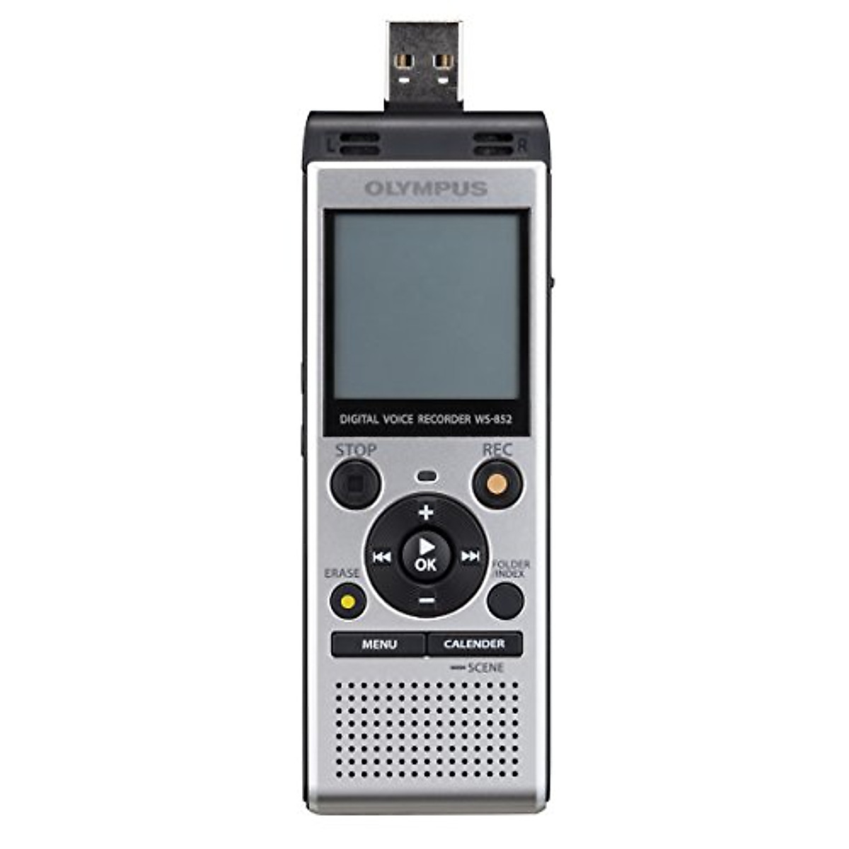 Olympus WS-852 silver voice recorder with true stereo mic, 4GB, 110 hours battery life, microSD external memory, USB, with MP3 file format.