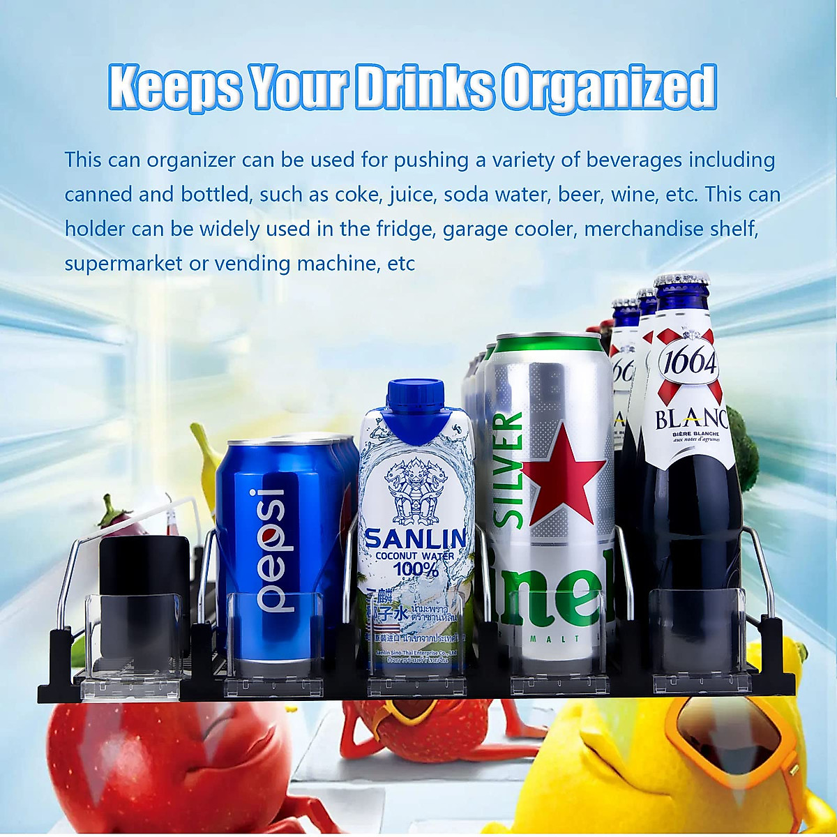 Drink Organizer for Fridge, Self-Pushing Soda Can Dispenser for Refrigerator,Width Ajustable,Beer Pop Can Water Bottle Storage for Pantry, Kitchen(Black, 5 Row)