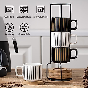 LUKA Porcelain Espresso Cup with Saucer and Metal Stand, 4 Ounce Stackable Ceramic Demitasse Espresso Mugs Cups Set for Latte, Specialty Coffee Drinks, Cafe Mocha,Tea - Set of 4, White & Black