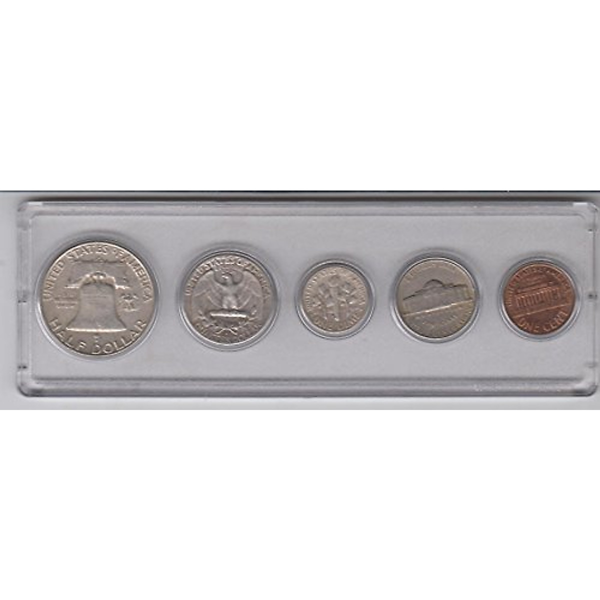 1959 Birth Year Coin Set (5) Coins - Silver Half, Silver Quarter, Silver Dime, Nickel, and Cent all Dated 1959 and Encased in a Plastic Display Case Fine