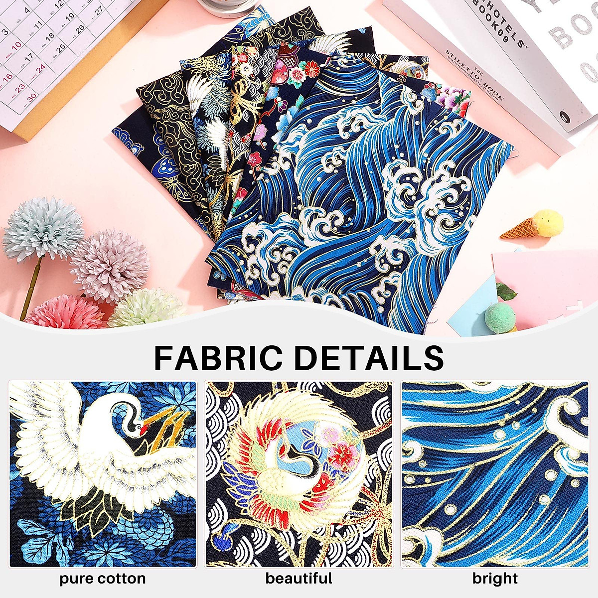 6 Pcs 20'' x 16'' Japanese Fat Quarters Quilting Fabric Bundles Japanese Printed Furoshiki Wrapping Cloth Squares Quilting Patchwork Fabric Colored Cotton Wrap DIY Scrapbook Craft (Fresh Style)