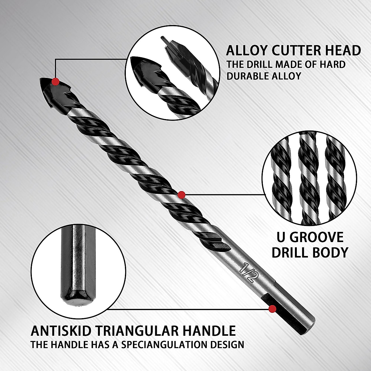 AIMLENTOOL Masonry Drill Bits Set, 10pcs Concrete Drill Bits, 1/8" to 1/2" Multifunction Drill Bit Set with Industrial Strength Carbide Tipped for Brick, Tile, Cement, Ceramic, Glass, Plastic