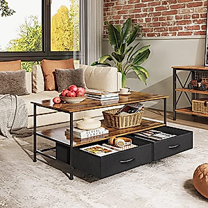 WLIVE Coffee Table with Storage Drawers and Open Shelf, Mid-Century Modern Wood and Metal Cocktail Table for Living Room