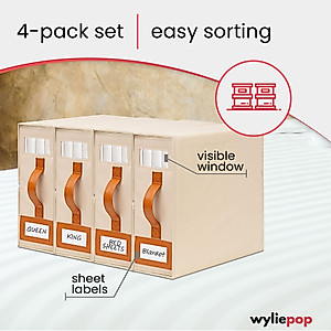 Wyliepop 4-Pack Bed Sheet Organizers, Premium Bedsheet Organizers and Storage with Leather Handles & Borders, Woven Oxford Fabric, Heavy Duty Zipper - 14.9"x12.6"x4.7" Linen Bedsheet Organizer Boxes