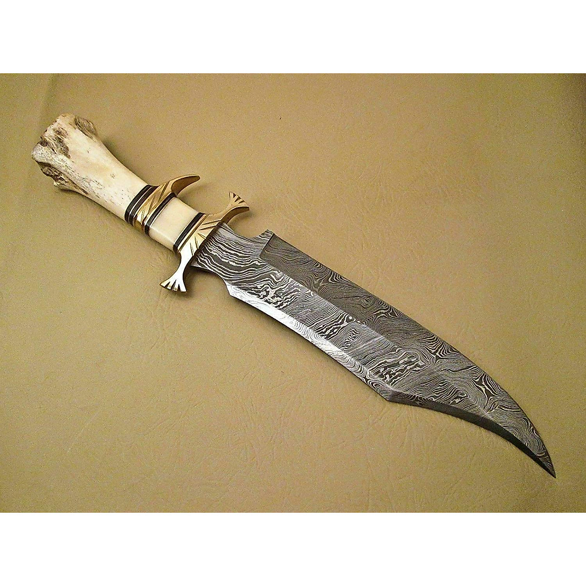 Skokie Knives Custom Hand Made Damascus Steel Hunting Knife Handle Camel Bone