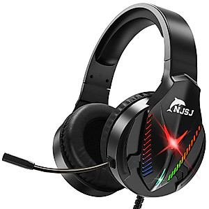 NJSJ Gaming Headset for PS4 PC Xbox One PS5 Controller, Gaming Headphones with Noise Canceling Microphone,Surround Sound,RGB LED Light,Soft Memory Foam Ear Pads for PC, Mac, Laptop, Cell Phones